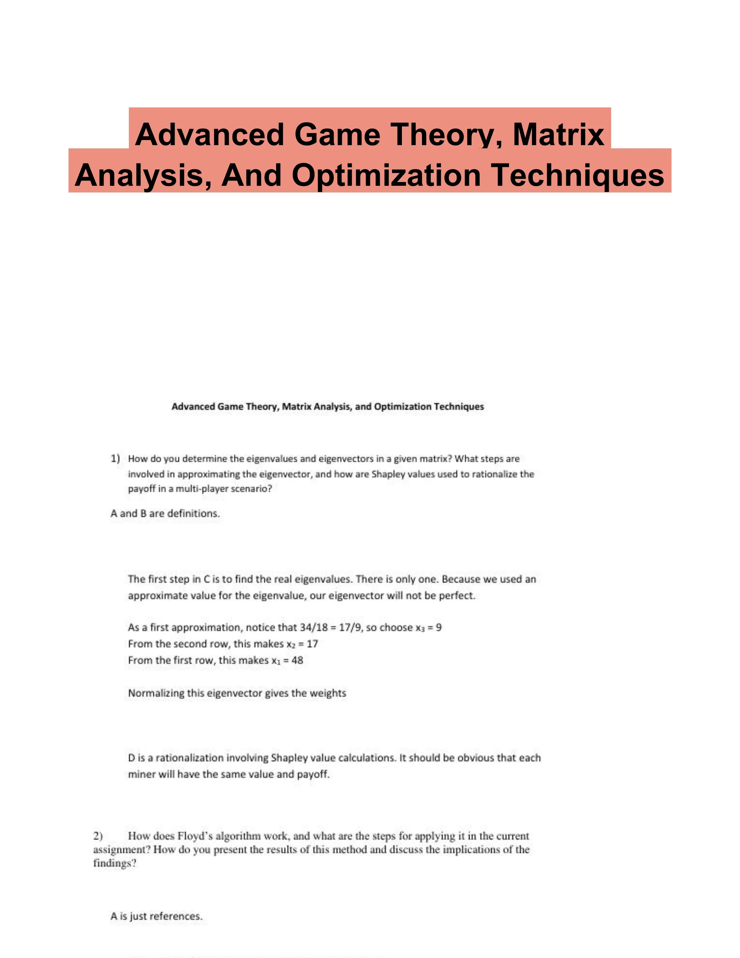 Advanced Game Theory, Matrix Analysis, And Optimization Techniques ...