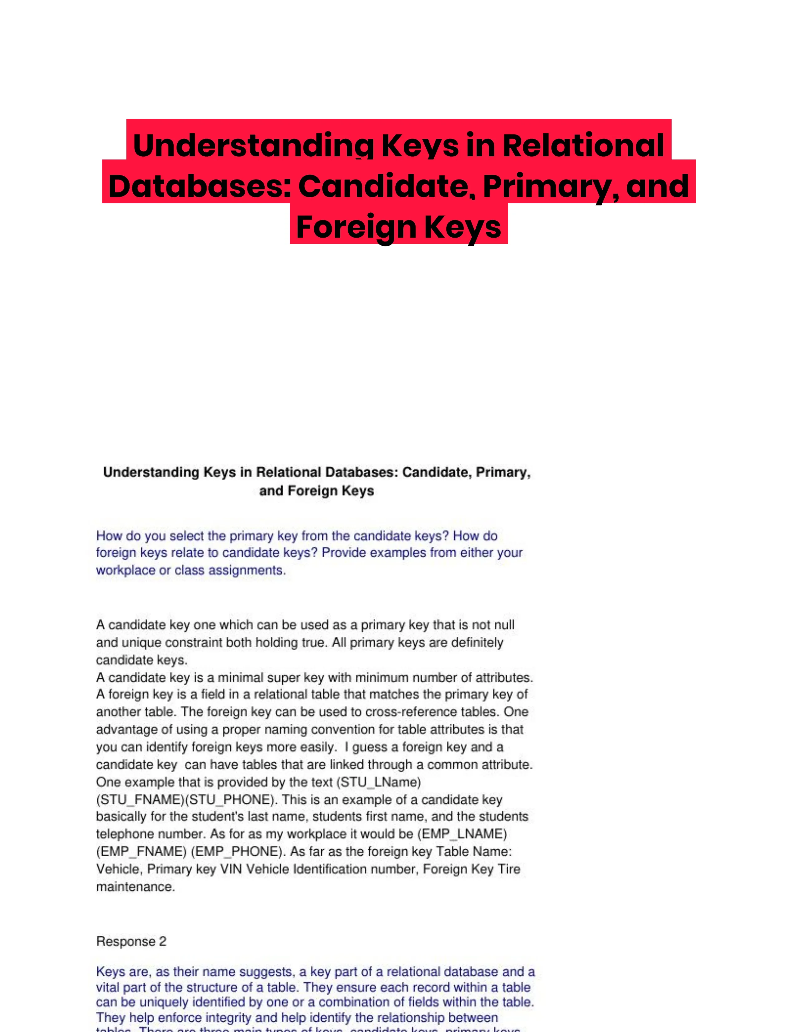Understanding Keys in Relational Databases: Candidate, Primary, and Foreign Keys - Solved ...