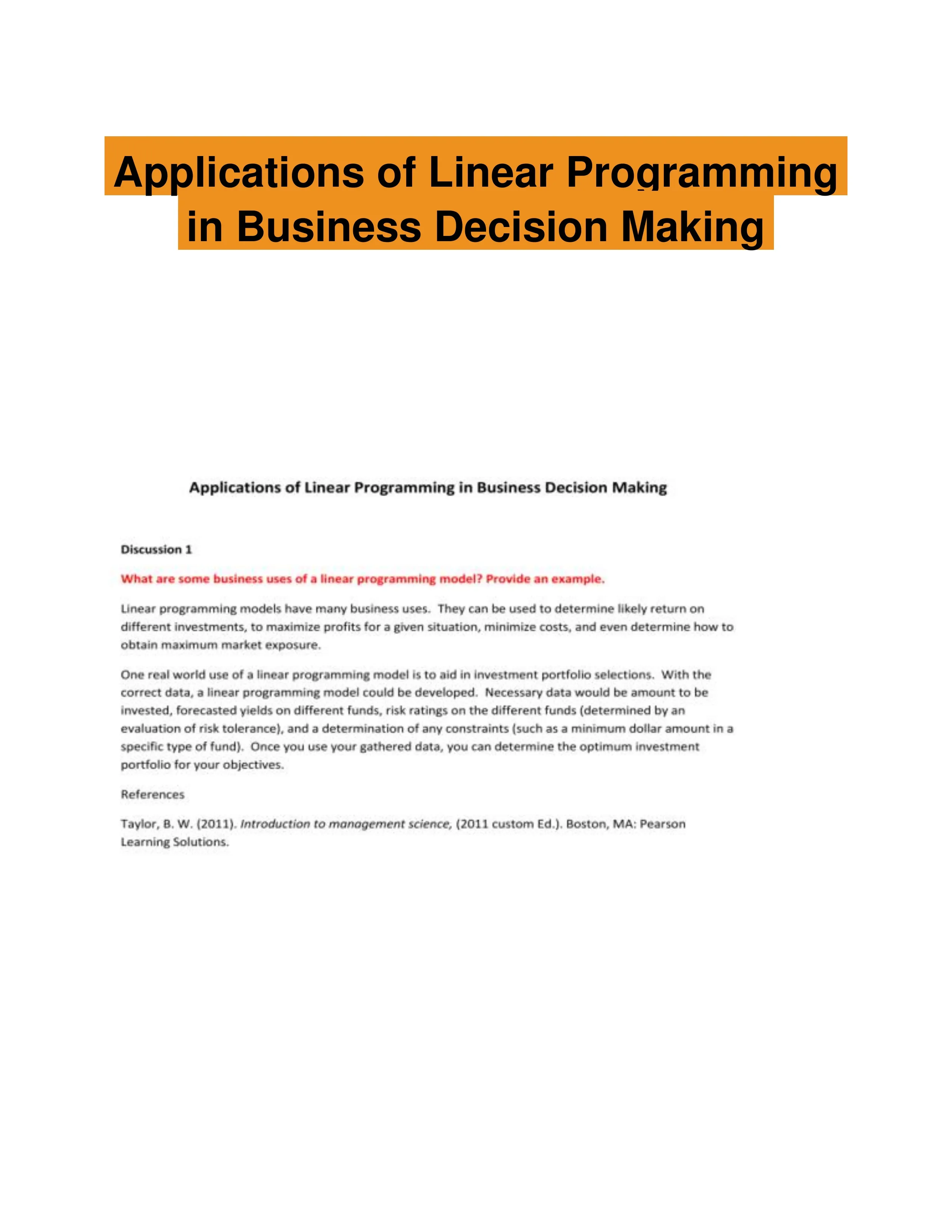 Applications of Linear Programming in Business Decision Making - Solved Assignments | Business ...