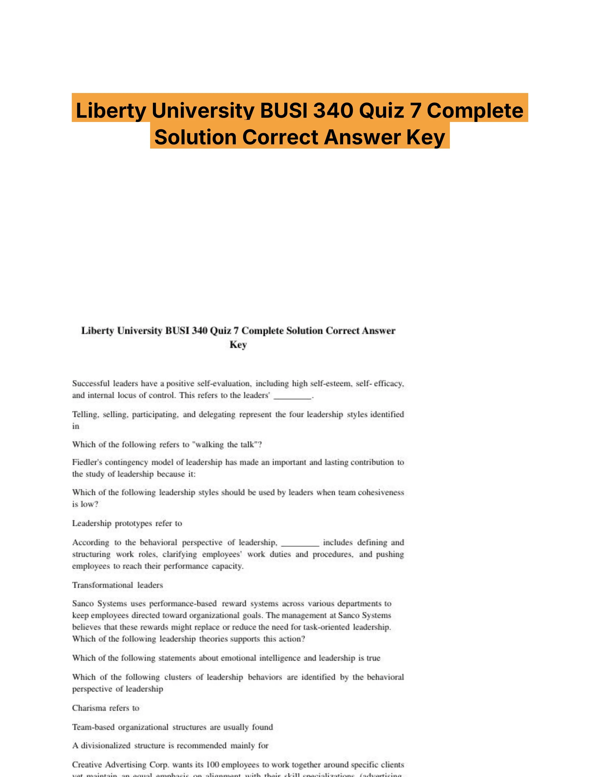 Liberty University BUSI 340 Quiz 7 Complete Solution Correct Answer Key - Solved Assignments ...
