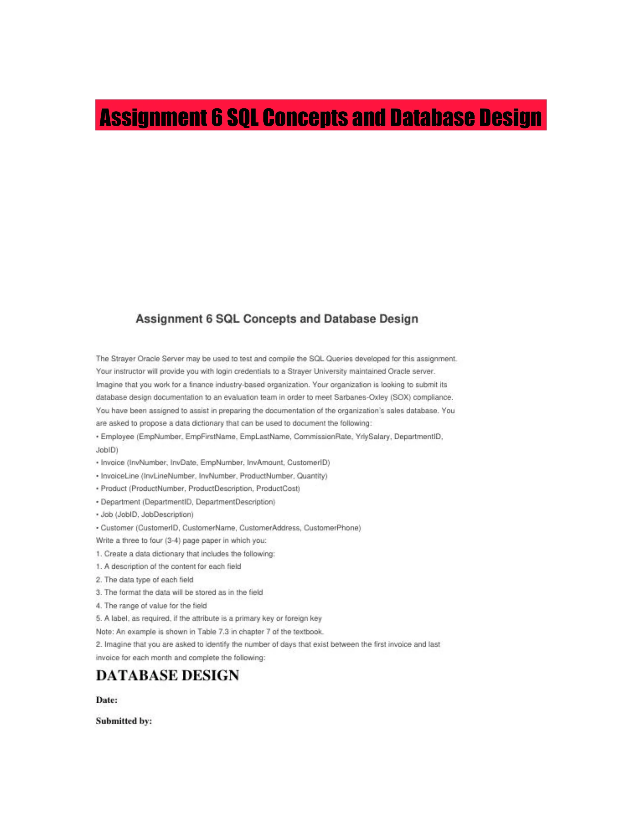 Assignment 6 Sql Concepts And Database Design Solved Assignments Information Technology