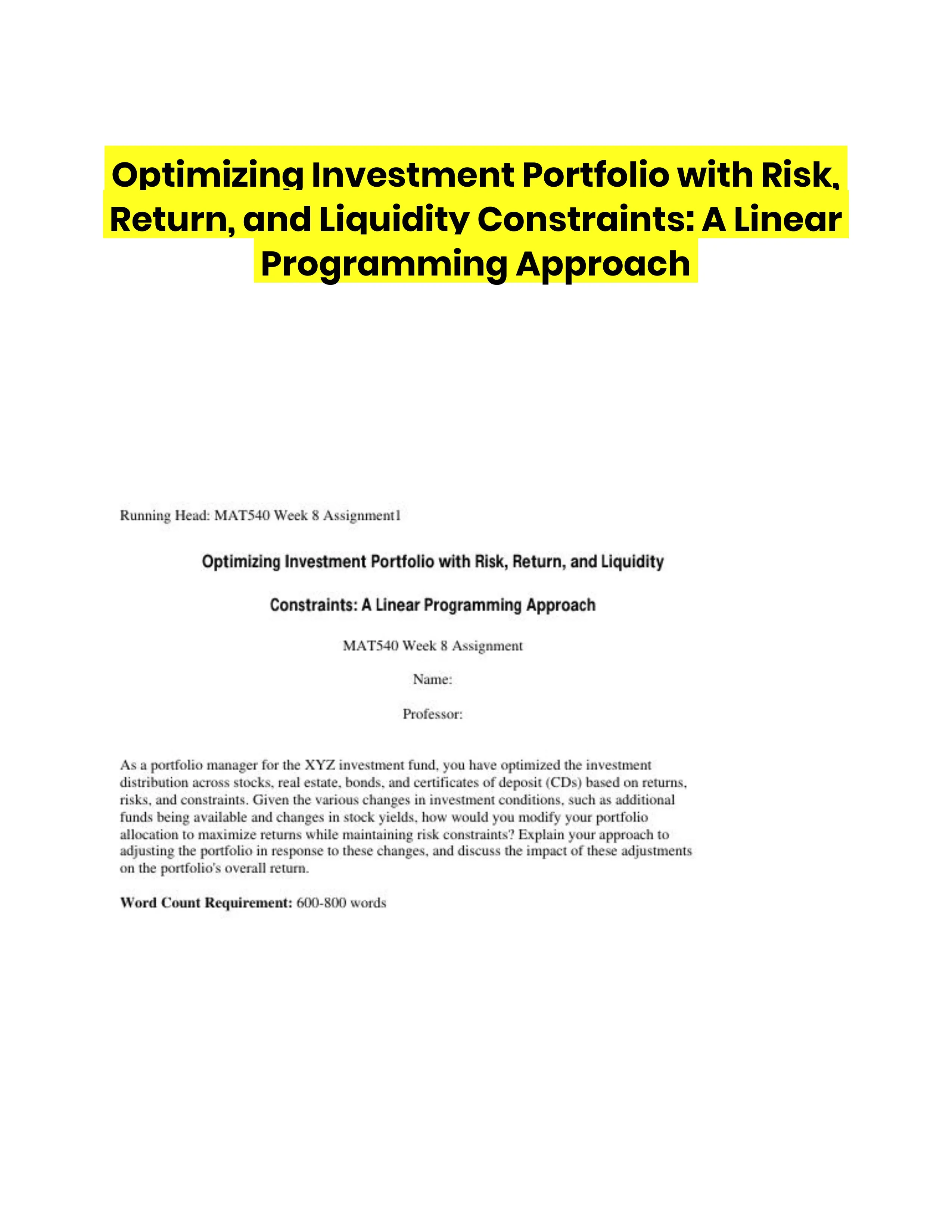Optimizing Investment Portfolio with Risk, Return, and Liquidity Constraints: A Linear ...