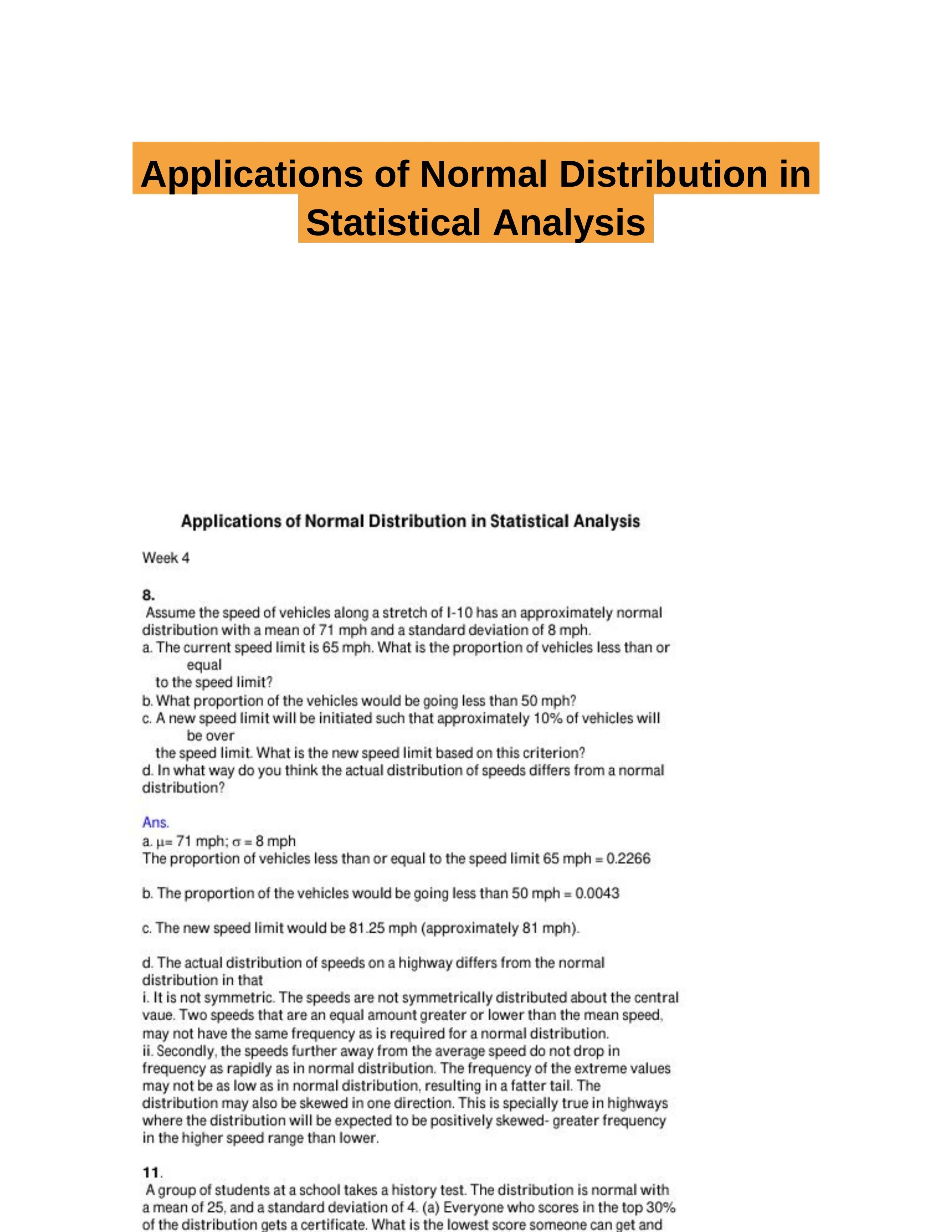 Applications of Normal Distribution in Statistical Analysis - Solved Assignments | Statistics ...