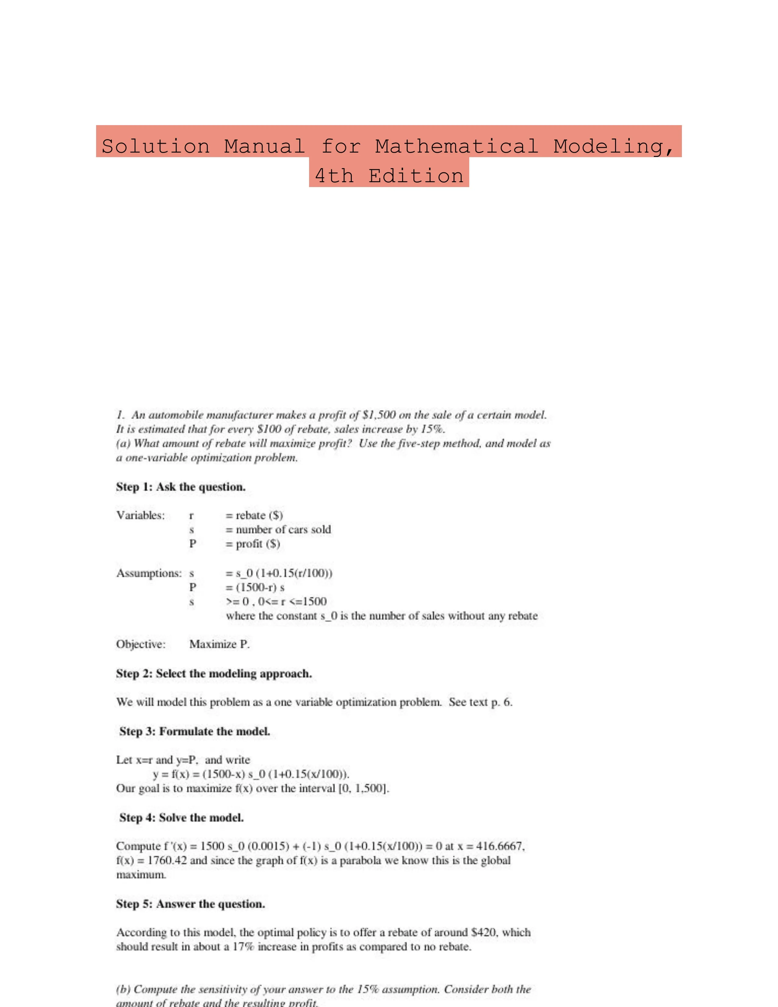 Solution Manual for Mathematical Modeling, 4th Edition - Textbook ...