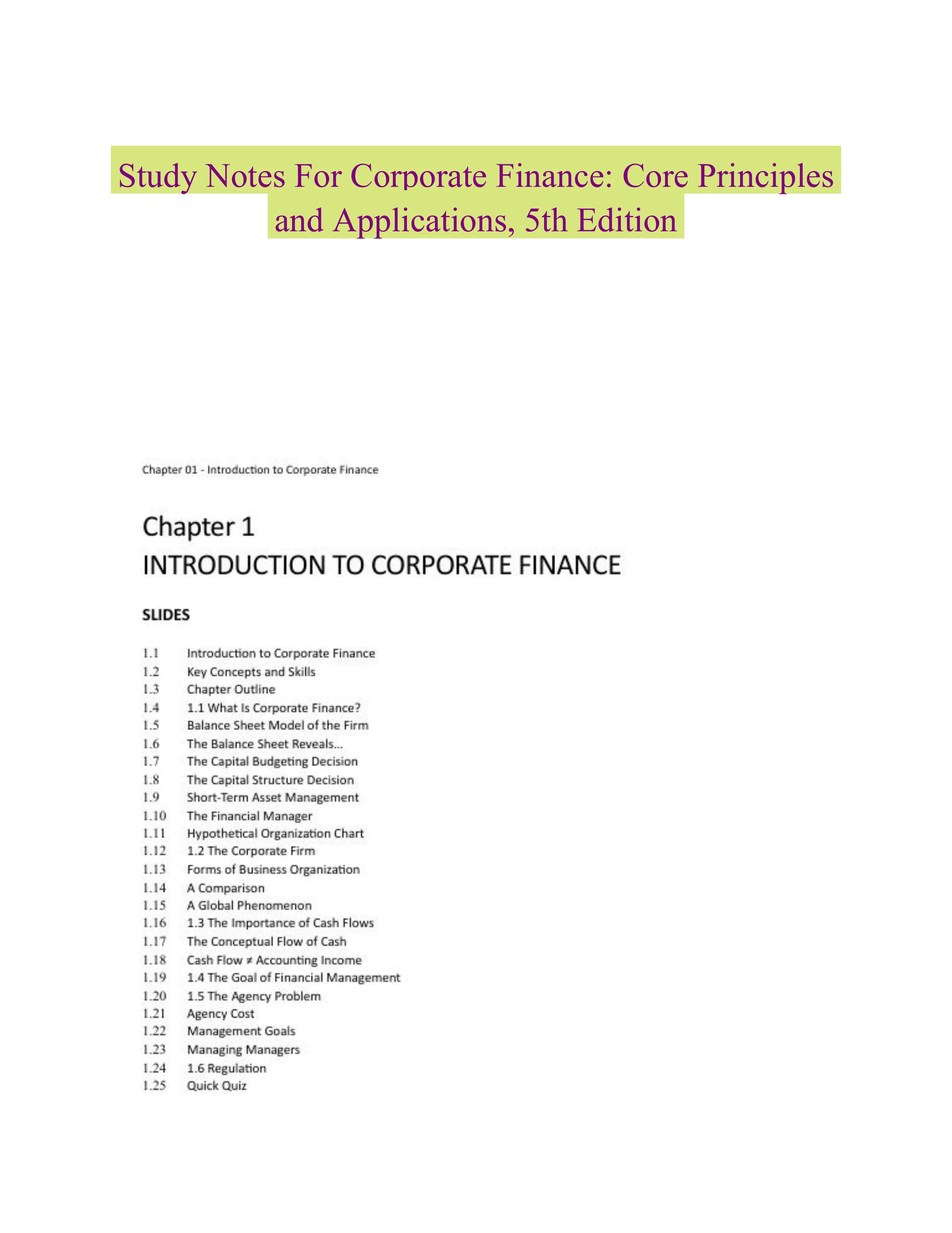 Study Notes For Corporate Finance: Core Principles and Applications ...