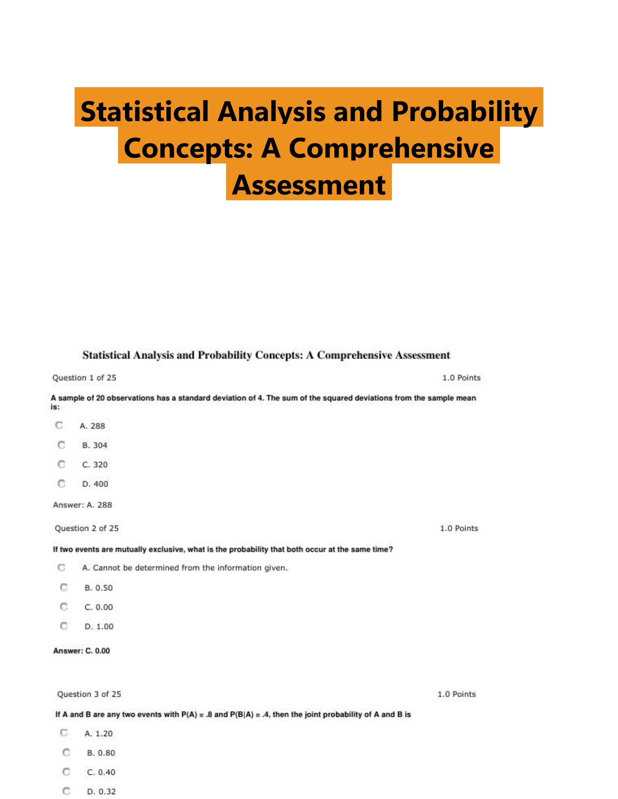 Statistical Analysis and Probability Concepts: A Comprehensive Assessment - Solved Assignments ...