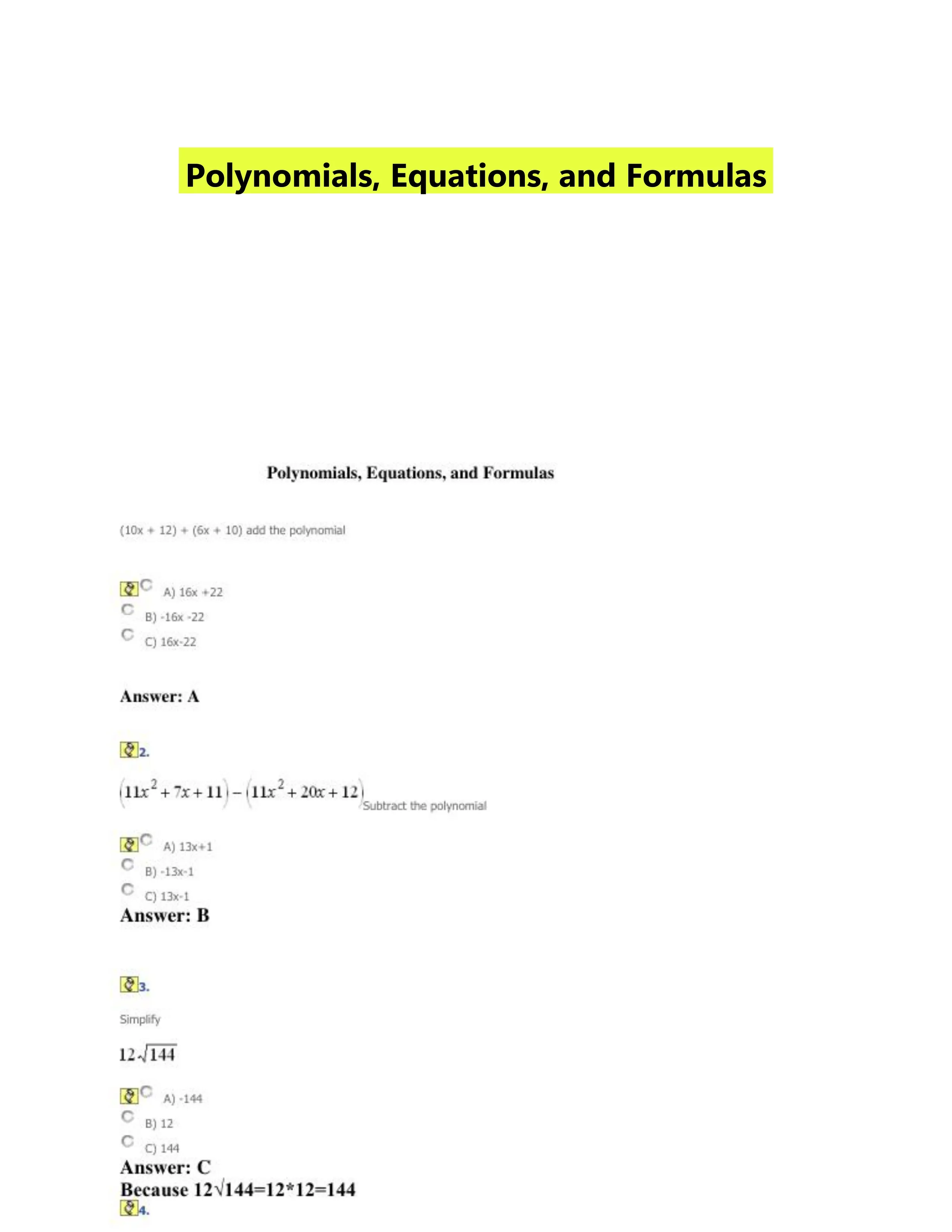 Polynomials, Equations, and Formulas - Solved Assignments | Mathematics | StudyXY