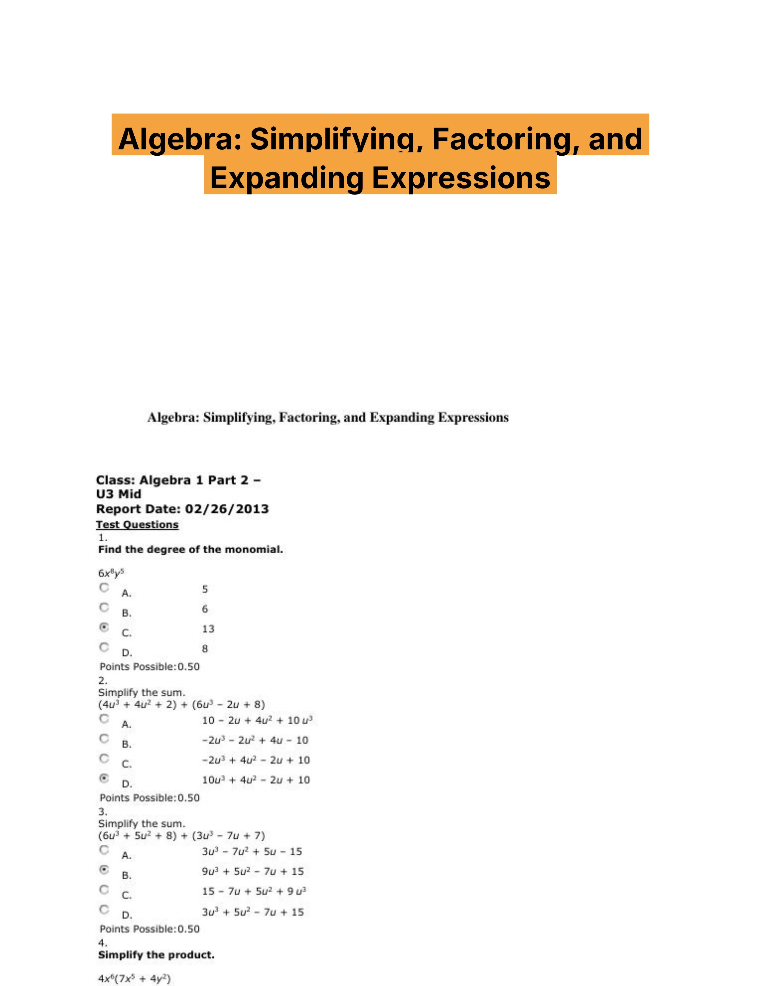 Algebra: Simplifying, Factoring, and Expanding Expressions - Solved Assignments | Mathematics ...