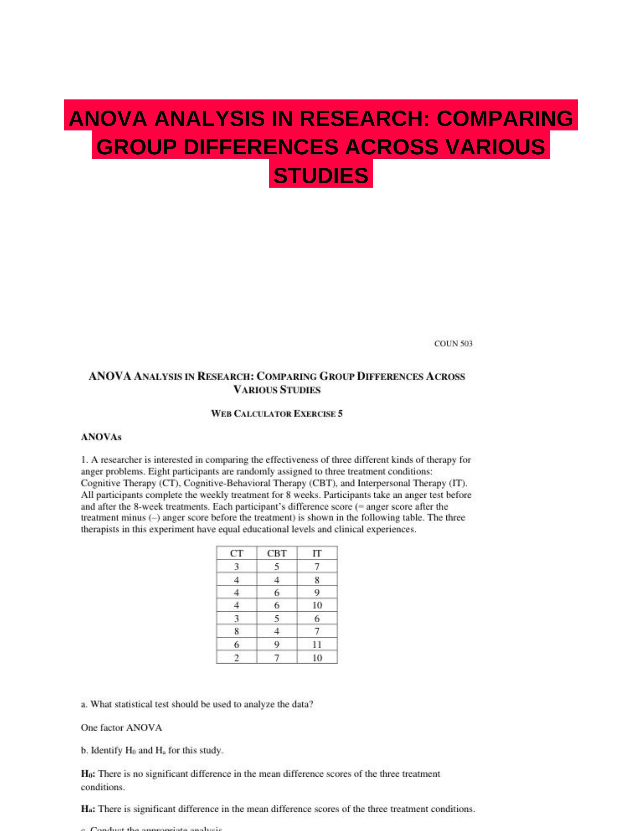 ANOVA ANALYSIS IN RESEARCH: COMPARING GROUP DIFFERENCES ACROSS VARIOUS STUDIES - Solved ...